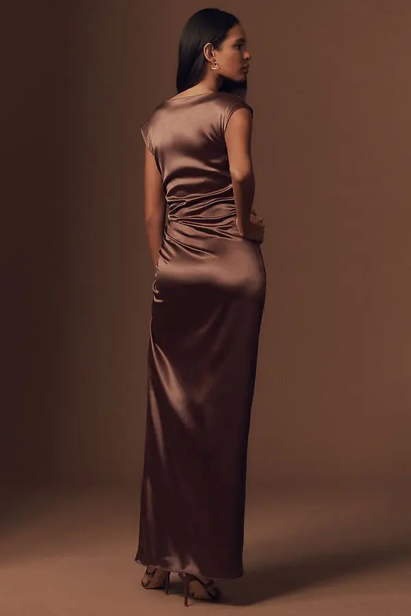 Bhldn High-neck Stretch Satin Maxi Dress - Chocolate
