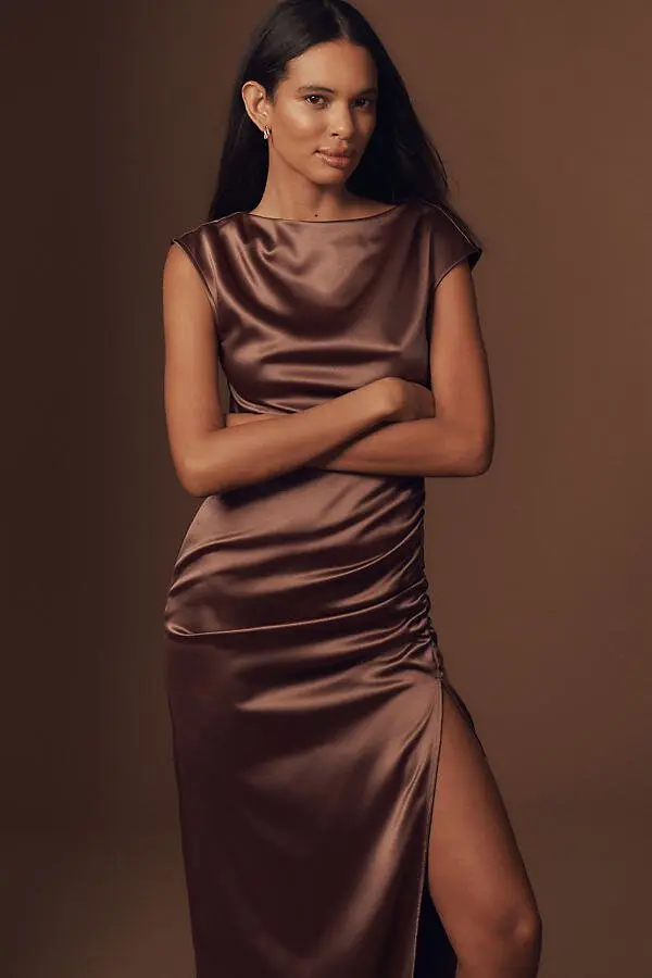 Bhldn High-neck Stretch Satin Maxi Dress - Chocolate