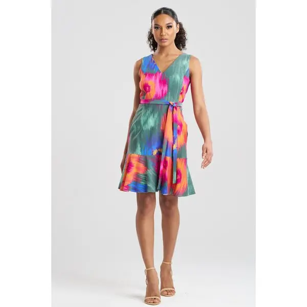 Natori Floral Belted Ruffle Hem Dress
