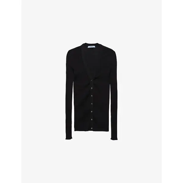 Prada Enamelled-Logo Ribbed Cotton Knit Cardigan - Black