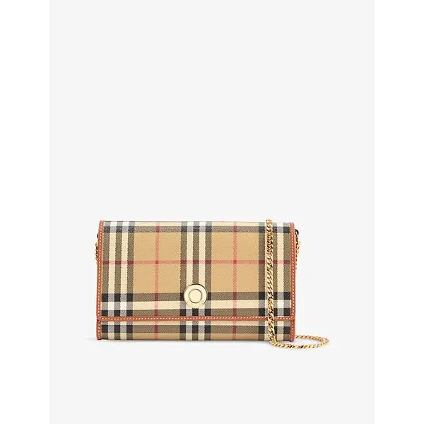 Burberry Check-print Woven Wallet On Chain - Vntg Chk/briar Brown