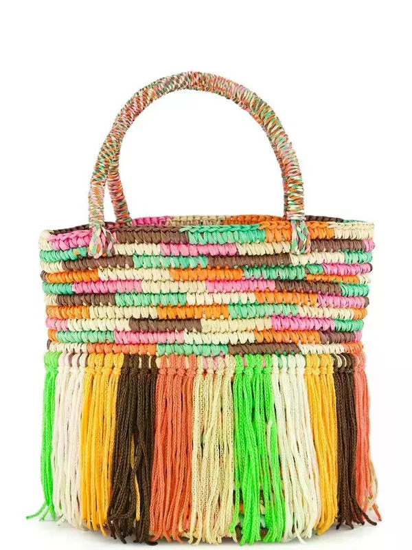 SENSI STUDIO Fringed Woven Tote Bag - Orange