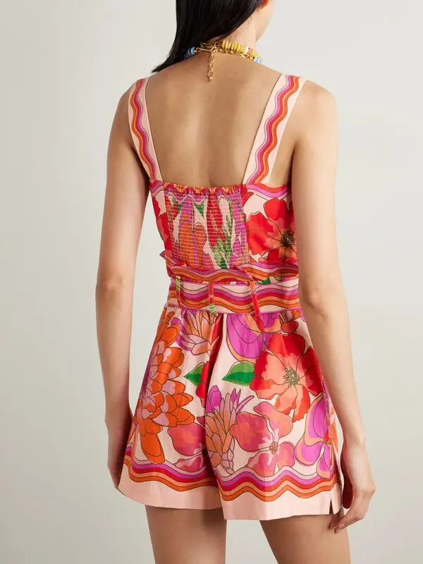 Farm Rio Belted Printed Linen-blend Playsuit