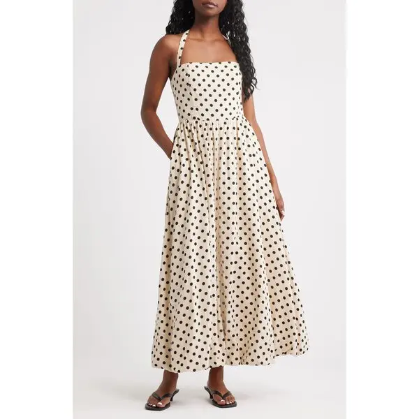 NEXT Spotty Halter Neck Linen Blend Fit & Flare Dress