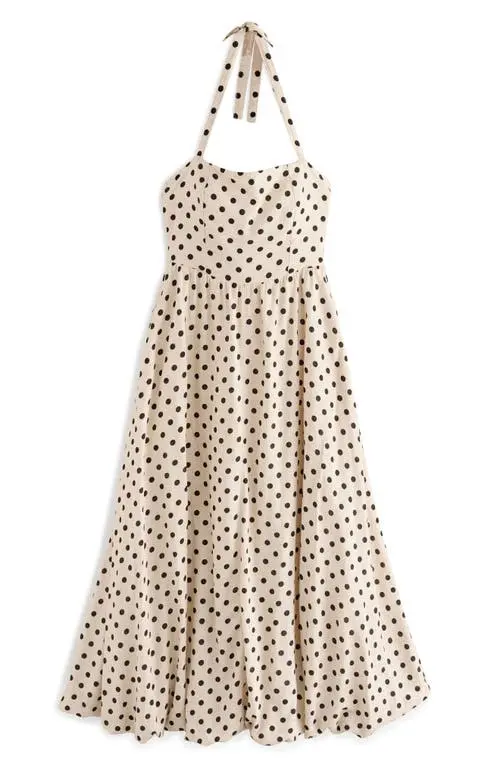 NEXT Spotty Halter Neck Linen Blend Fit & Flare Dress