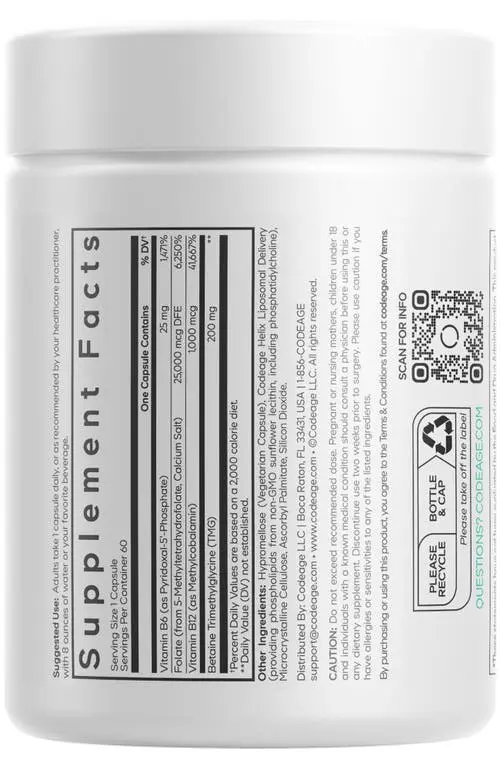 CODEAGE Liposomal L-methylfolate 5-mthf+, Active Vitamin B6 & B12, Folate