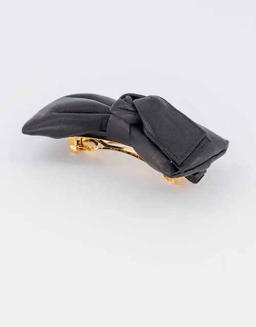 Alexandre De Paris Leather Bow Barrette - Black