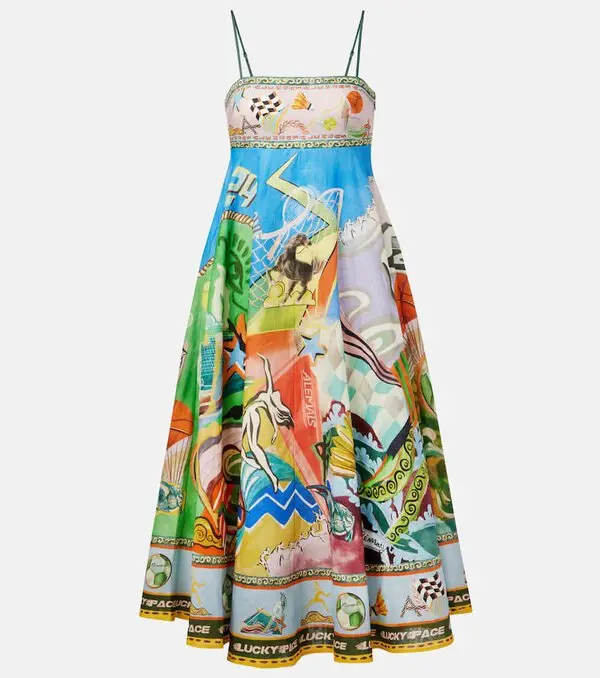 ALEMAIS Lucky Pace Printed Linen Midi Dress - Multicoloured