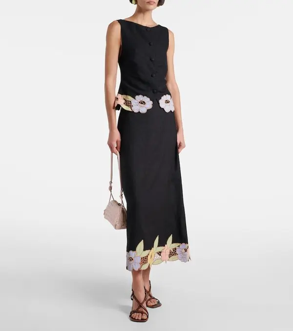 Rixo Serano Cutout Linen-blend Midi Skirt