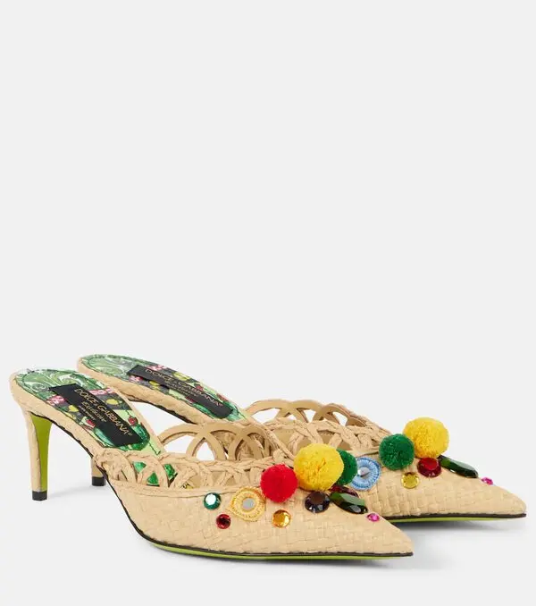 Dolce & Gabbana Pointy 60 Embellished Raffia Mules - Beige