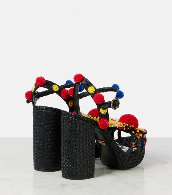 Dolce & Gabbana 105 Embellished Raffia Sandals - Black