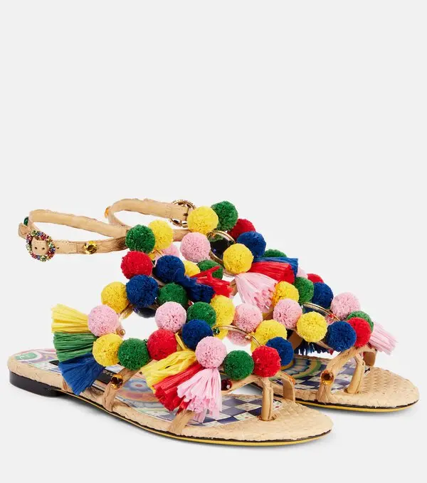 Dolce & Gabbana 90 Embellished Raffia Sandals - Multicoloured