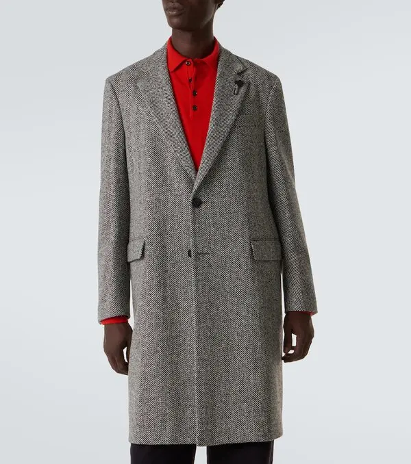 LARDINI Herringbone Virgin Wool Tweed Overcoat - Black