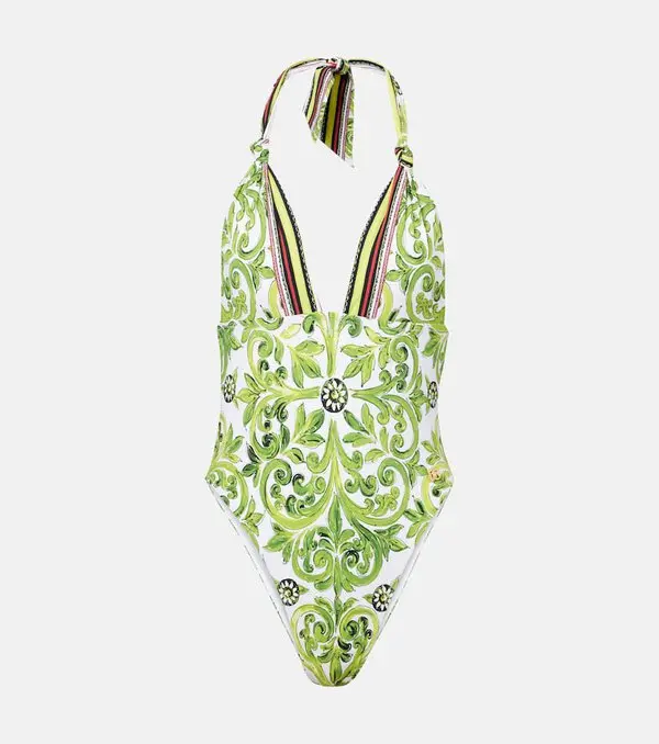 Dolce & Gabbana Printed Halterneck One Piece Swimsuit - Green