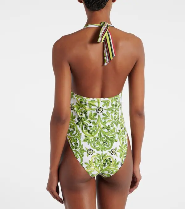 Dolce & Gabbana Printed Halterneck One Piece Swimsuit - Green