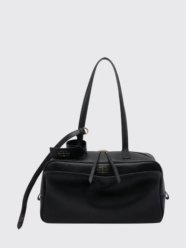 Balenciaga Grained Calfskin Leather Shoulder Bag With Logo And Charm - Black