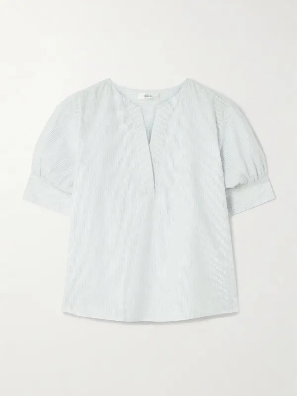 FRAME Pinstriped Cotton And Linen-blend Blouse - Blue