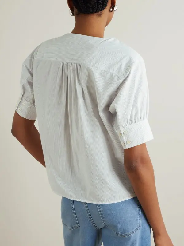 FRAME Pinstriped Cotton And Linen-blend Blouse - Blue