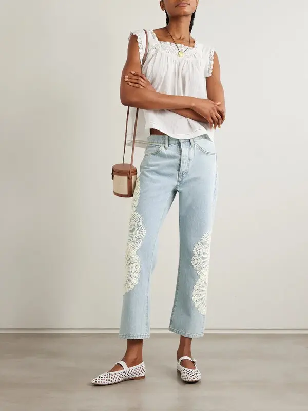 FRAME Appliquéd Cropped High-rise Straight-leg Jeans