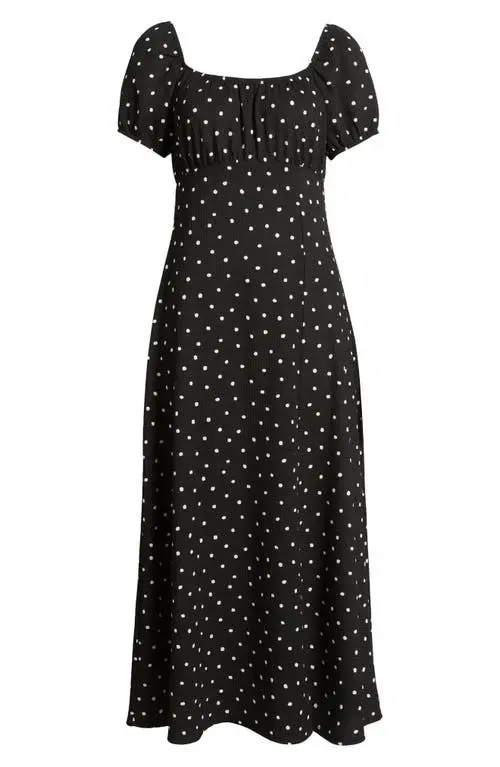 Loveappella Ruched Polka Dot Midi Dress