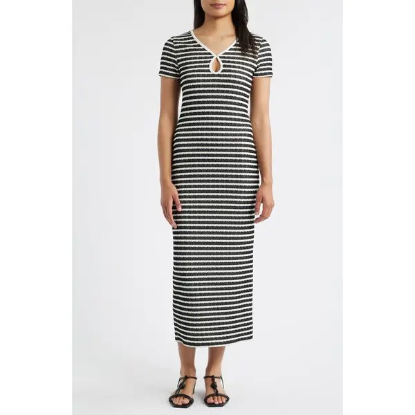 Loveappella Keyhole Stripe Textured Midi Dress - Black/ivory