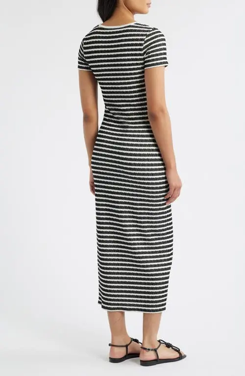Loveappella Keyhole Stripe Textured Midi Dress - Black/ivory