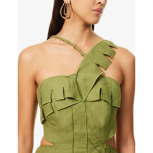Farm Rio Palm Tree One-Shoulder Linen Maxi Dress - Green | Editorialist
