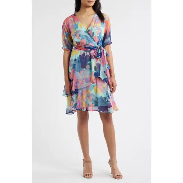 TAHARI ASL Floral Shadow Stripe Faux Wrap Dress - Seafoam Multi