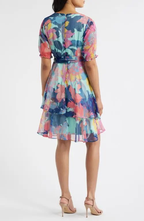 TAHARI ASL Floral Shadow Stripe Faux Wrap Dress - Seafoam Multi