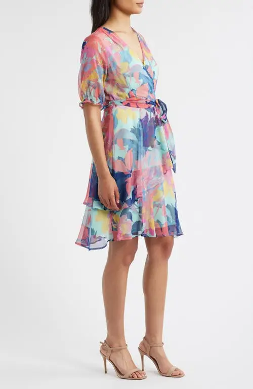 TAHARI ASL Floral Shadow Stripe Faux Wrap Dress - Seafoam Multi