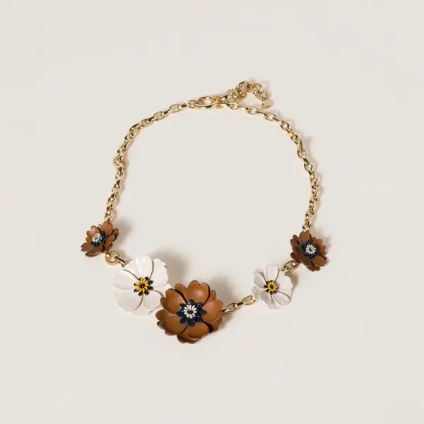 Miu Miu Metal And Leather Floral Necklace - Gold/chalk White/cognac