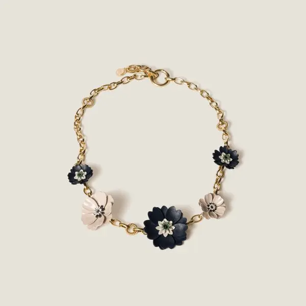 Miu Miu Metal And Leather Floral Necklace - Gold/sand Beige/baltic Blue