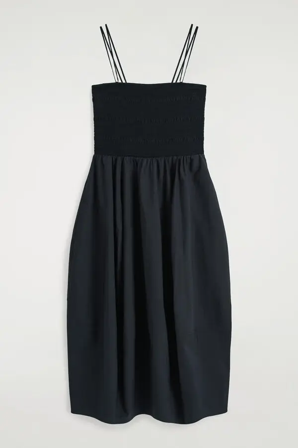 Cos Smocked Cotton Midi Dress - Navy
