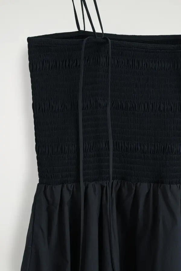 Cos Smocked Cotton Midi Dress - Navy