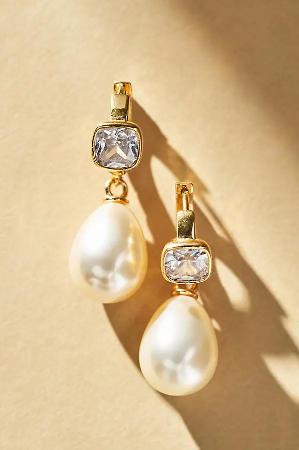 A.B. ELLIE Bezel X Pearl Hoop Drop Earrings - Gold