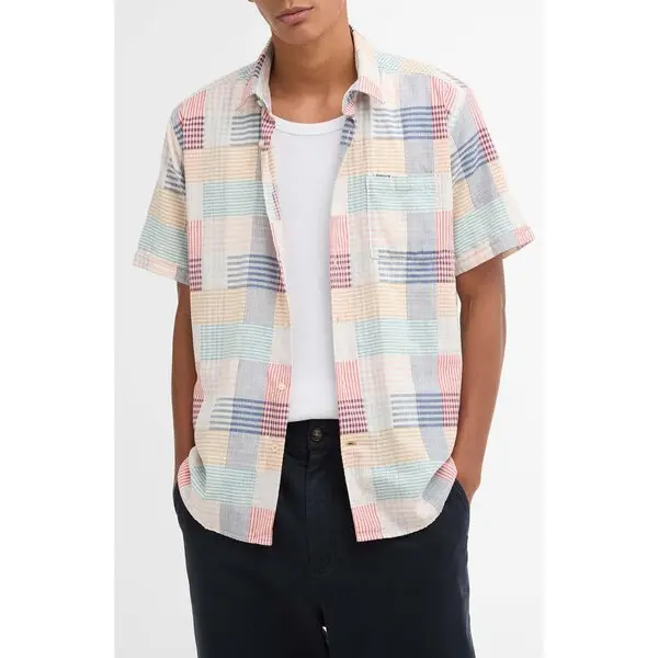 Barbour Oakshore Patchwork Print Short Sleeve Slub Cotton Button-up Shirt - Red