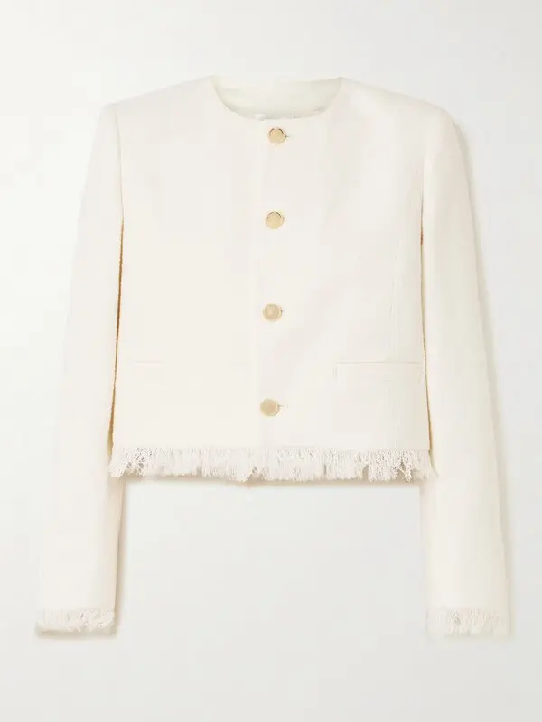 FRAME Cropped Fringed Cotton-blend Tweed Jacket - Neutrals
