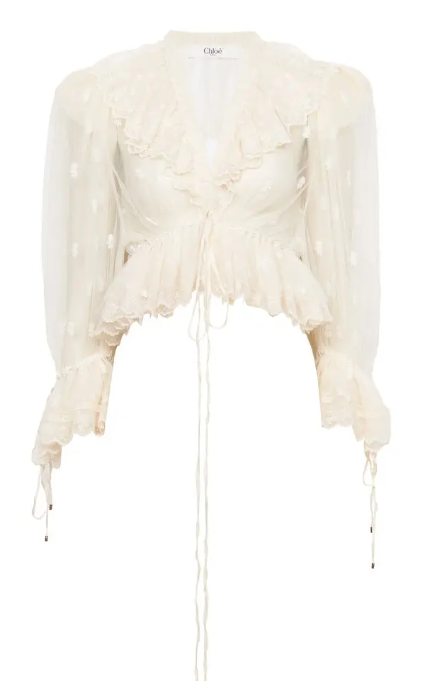 Chloé Embroidered Lace Ruffled Top - White