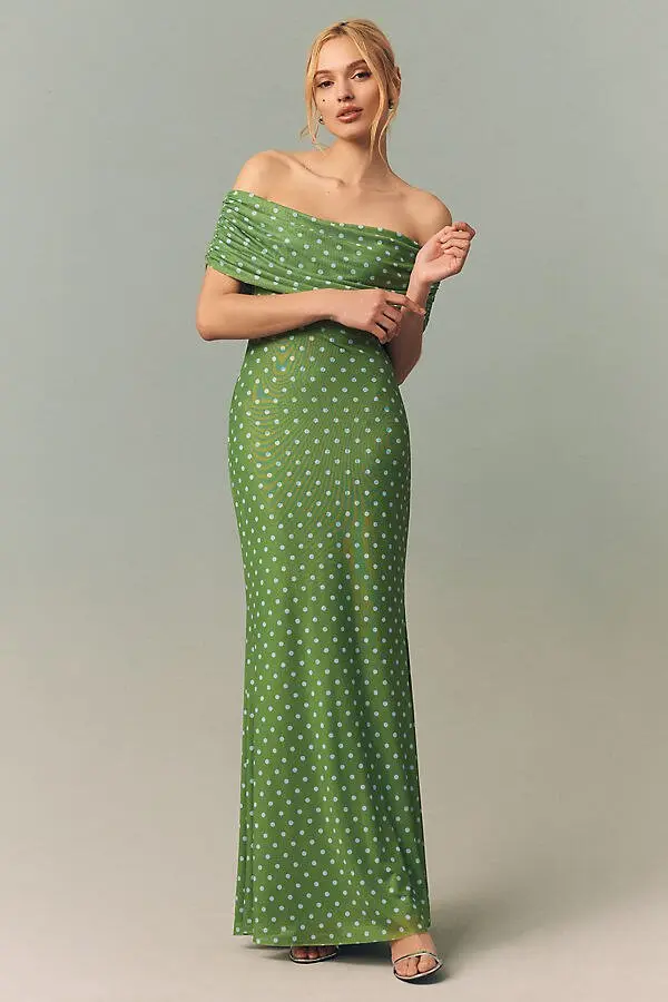afrm mccall off the shoulder dress McCall Off-the-Shoulder Stretch Mesh Maxi Dress