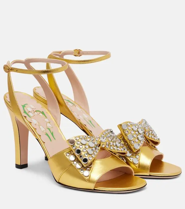 Valentino Garavani Bowow 95 Embellished Metallic Leather Sandals - Gold