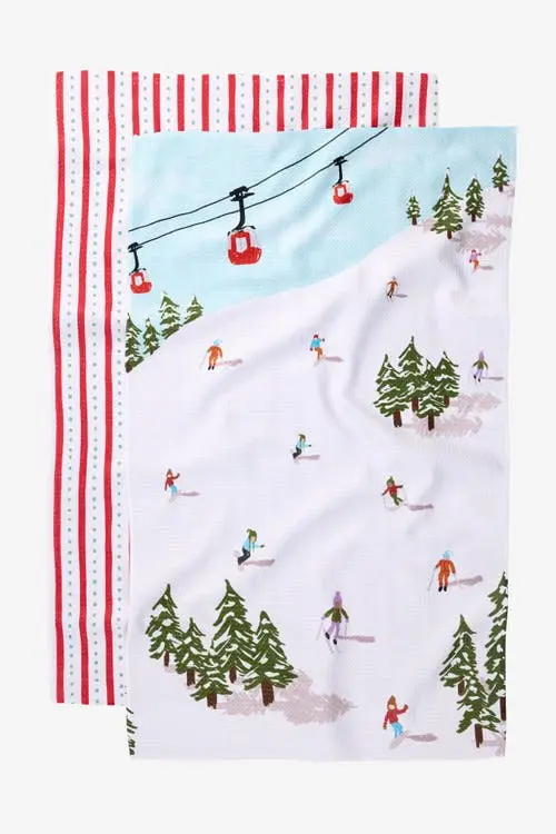 GEOMETRY Kitchen Tea Towel Set - Winter Skiing And Stripes