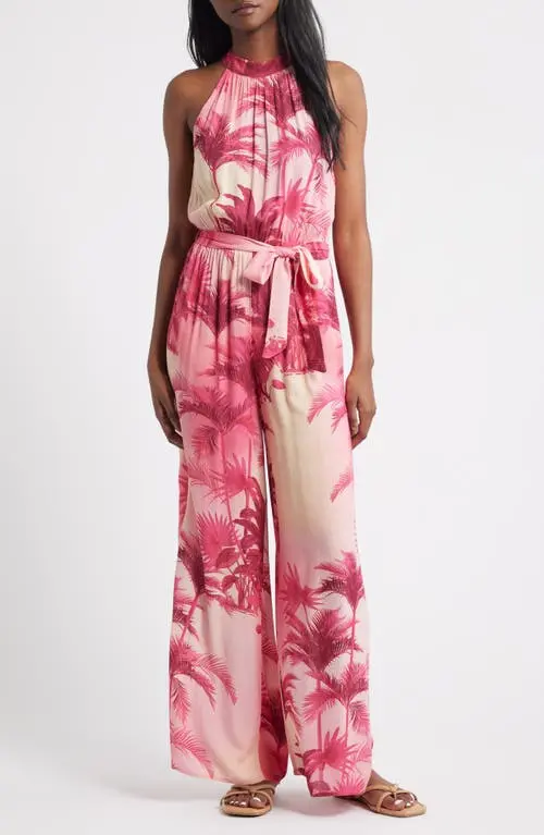 LIPSY Palm Tree Print Halter Jumpsuit - Pink