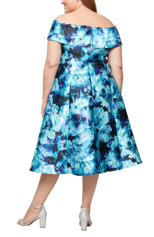 Alex Evenings Printed Mikado Off-the-shoulder Cocktail Dress - Aqua Multi |  Editorialist