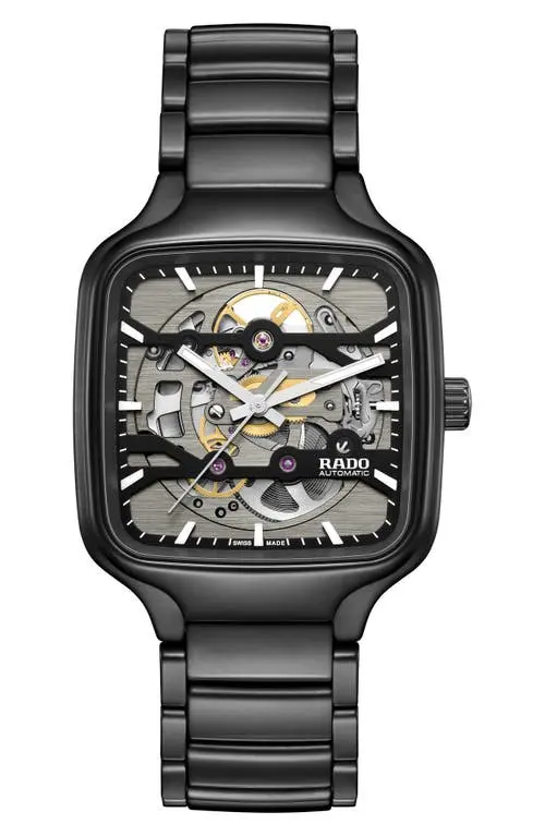 RADO True Square Skeleton Automatic Ceramic Bracelet Watch - Black