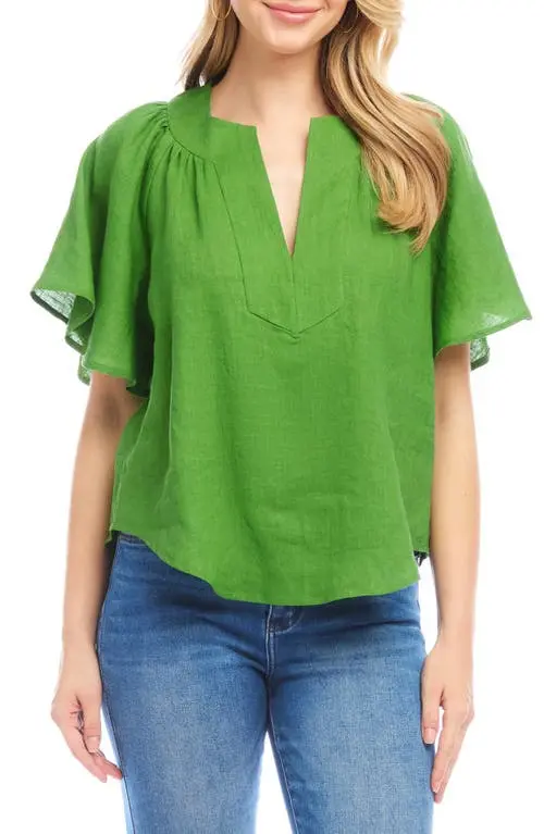 Karen Kane Flutter Sleeve Linen Top - Green