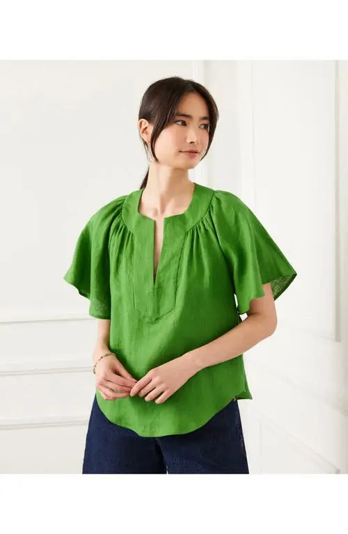 Karen Kane Flutter Sleeve Linen Top - Green