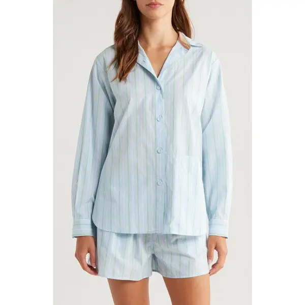 Lunya Airy Cotton & Silk Curve Hem Pajamas - Azure Stripe