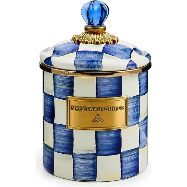 MACKENZIE-CHILDS Royal Check Enameled Steel Small Canister - Blue/ White