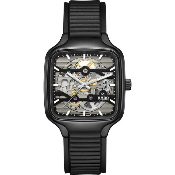 RADO True Square Skeleton Automatic Rubber Strap Watch - Black