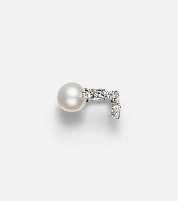 Yeprem Pearlescent White Gold Ear Cuff With Diamonds And Pearl - Silver